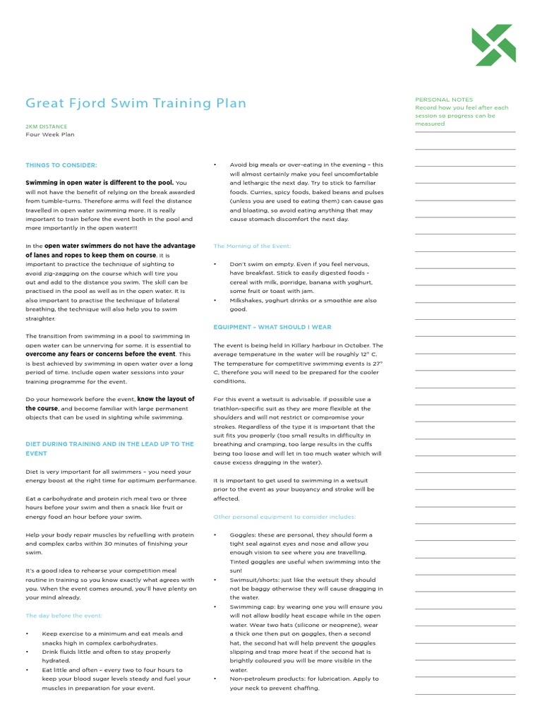 2KM Great Fjord Swim Training Plan | Download Free PDF | Swimming ...