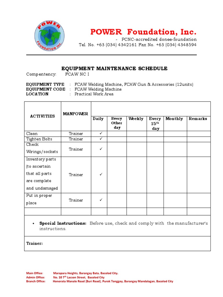 Equipment Maintenance Schedule | PDF | Welding | Construction