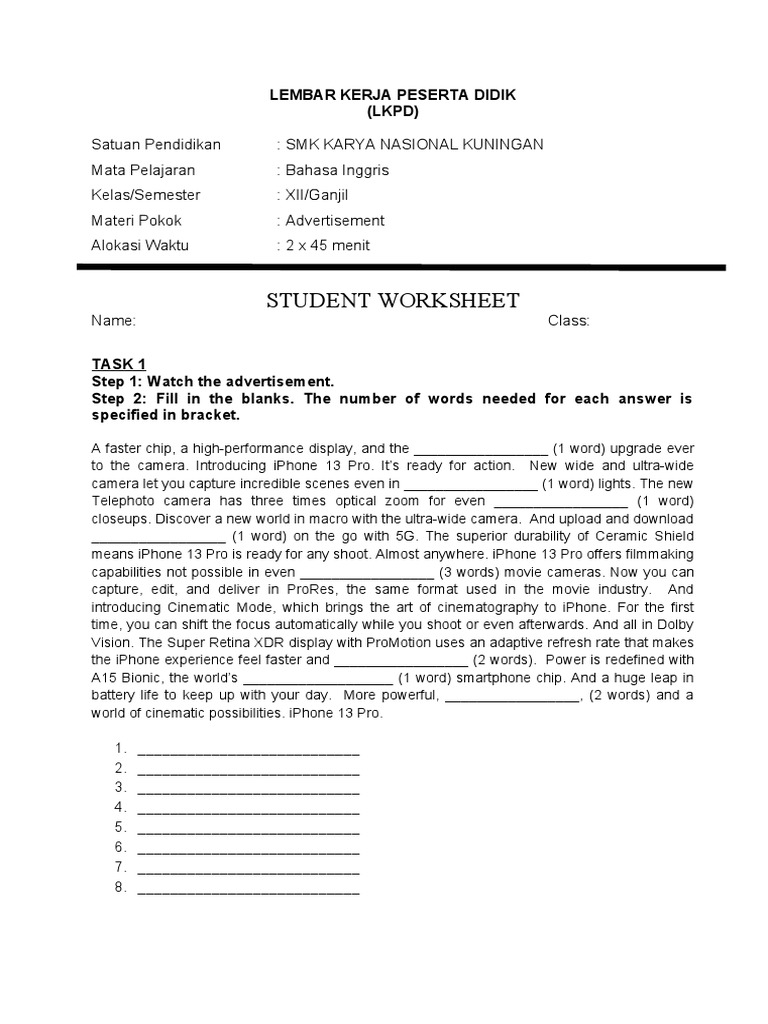 Worksheet Advertisement | PDF | I Phone | Camera