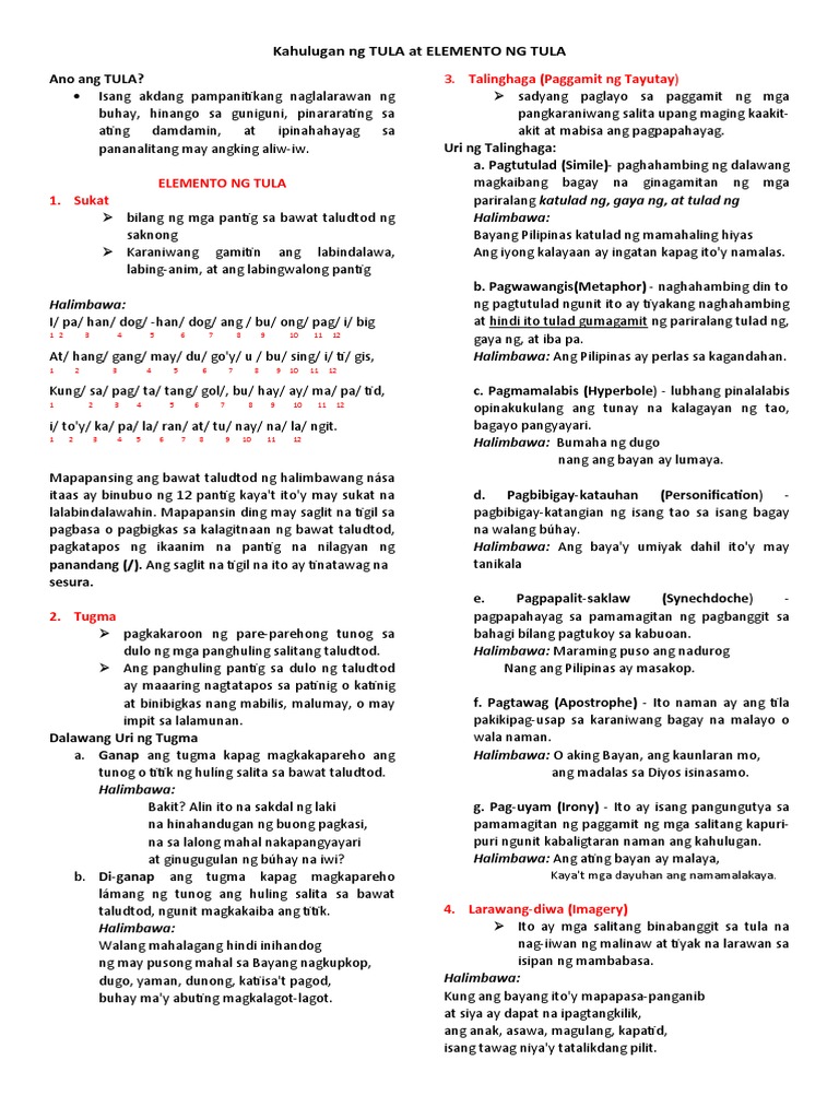 Kahulugan NG TULA at ELEMENTO NG TULA | PDF