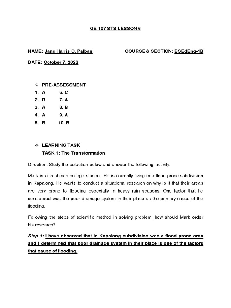 Ge 107 STS Lesson 6 | PDF | Science | Scientific Method