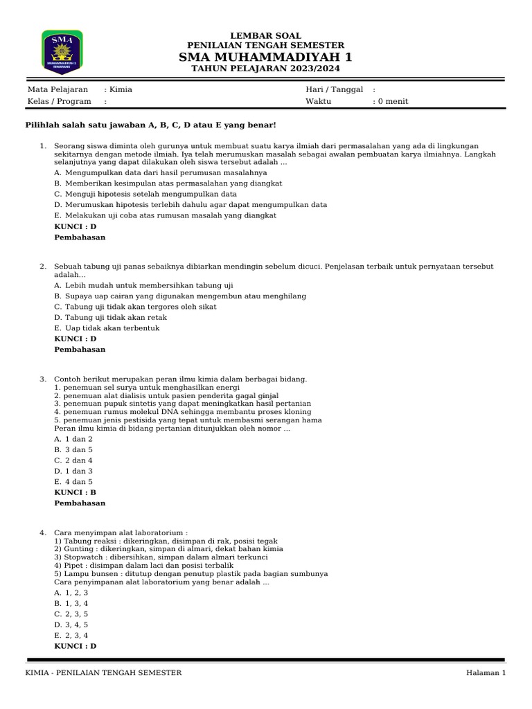 Soal Kimia Sumatif Tengah Semester Ganjil Kls X 23-24 | PDF