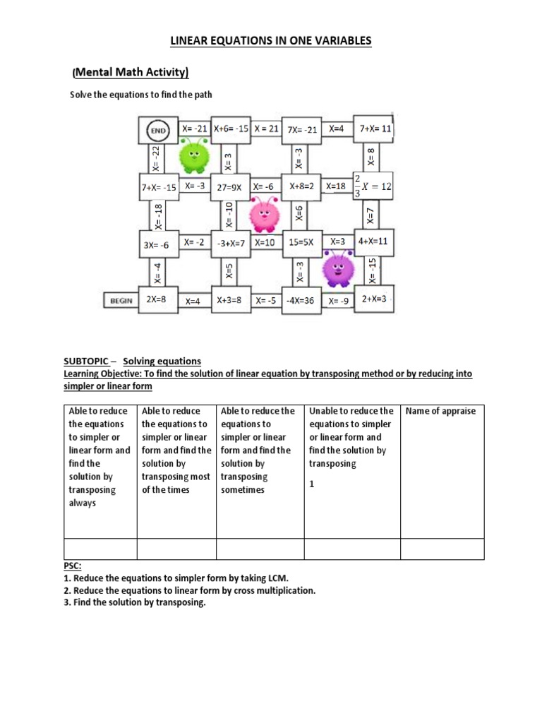 Index Work Linear Equation For Class 8 | PDF | Equations | Numbers