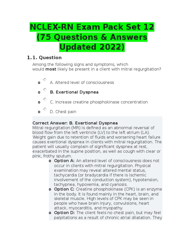 NCLEX RN Exam Pack Set 12 75 Questions Answers Updated 2022 | PDF ...