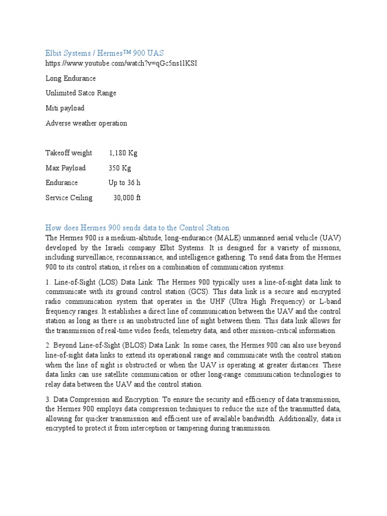 Elbit Systems - Hermes 900 | PDF | Unmanned Aerial Vehicle | Communication