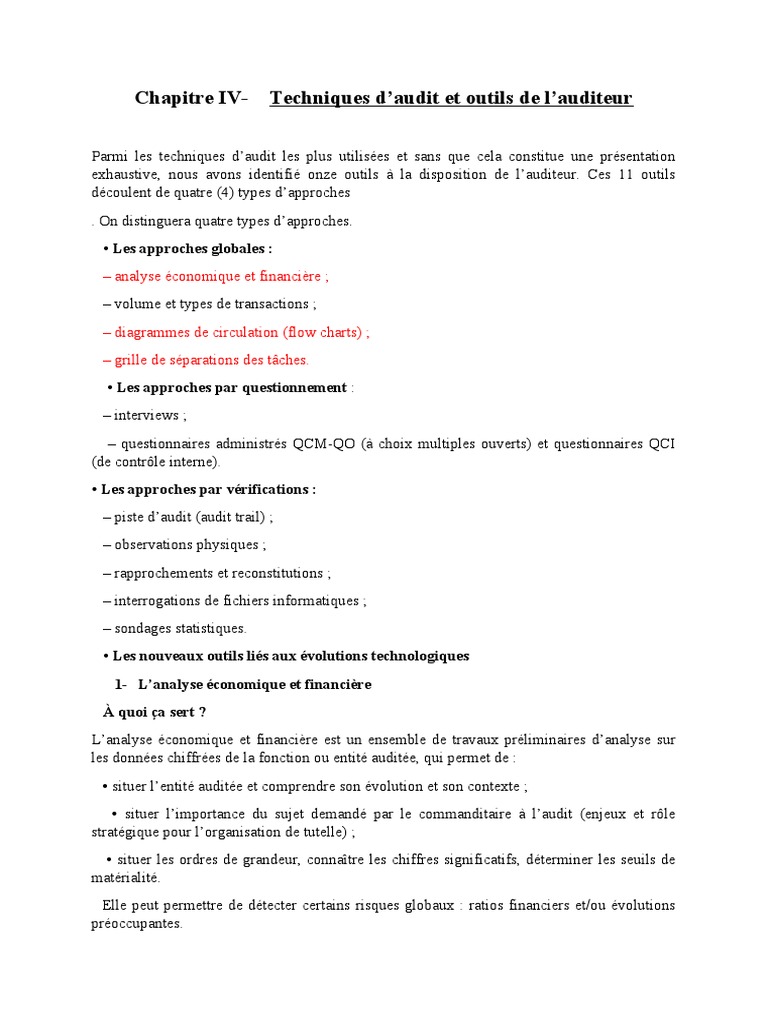 Chapitre IV - Techniques Et Outils de L'auditeur | PDF | Audit | Contrôle interne