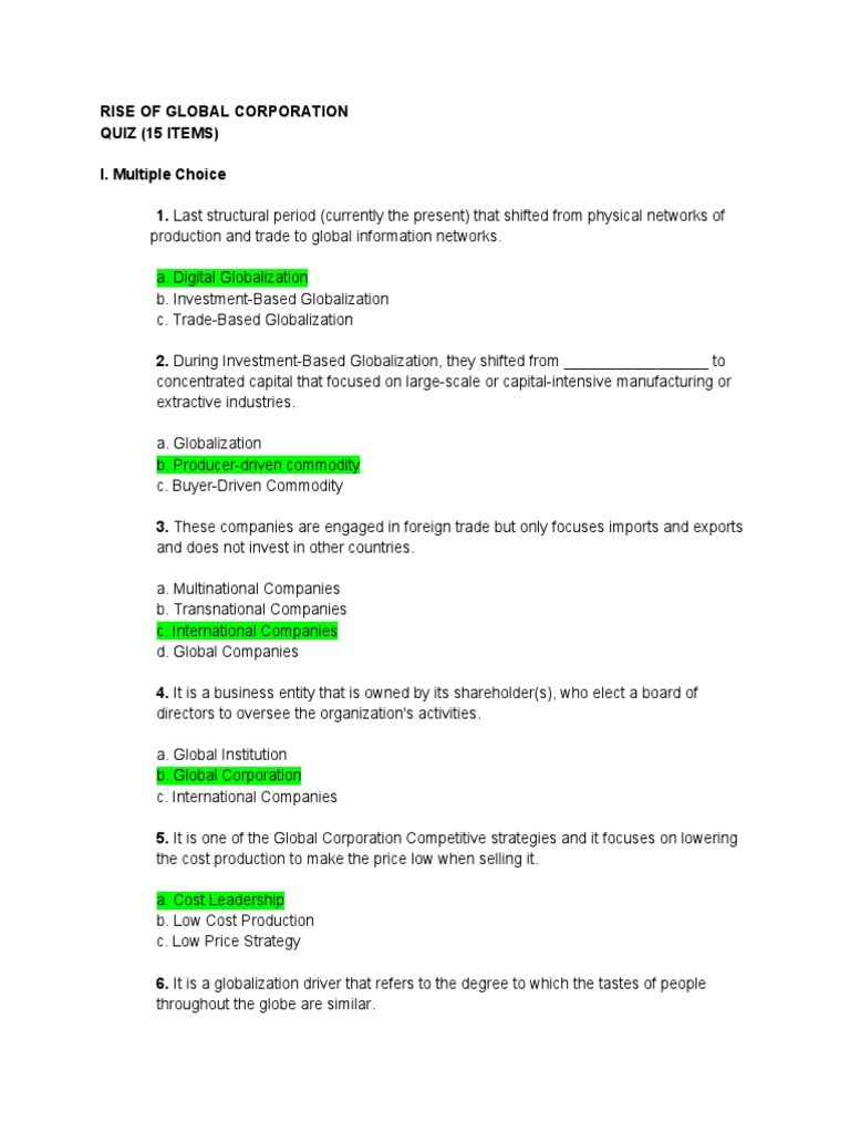 RISE OF GLOBRISE OF GLOBAL CORPORATIONAL CORPORATION - Quiz & Answers | PDF | Multinational ...