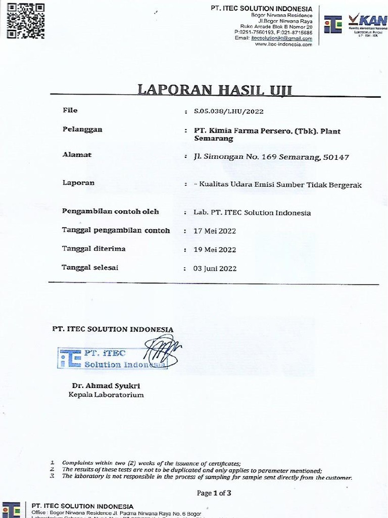 Pemeriksaan Udara PT - Itec - Lhu Sumber Tidak Bergerak | PDF