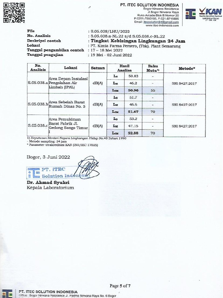 Pemeriksaan Udara PT - Itec - Kebisingan Udara 24 Jam | PDF