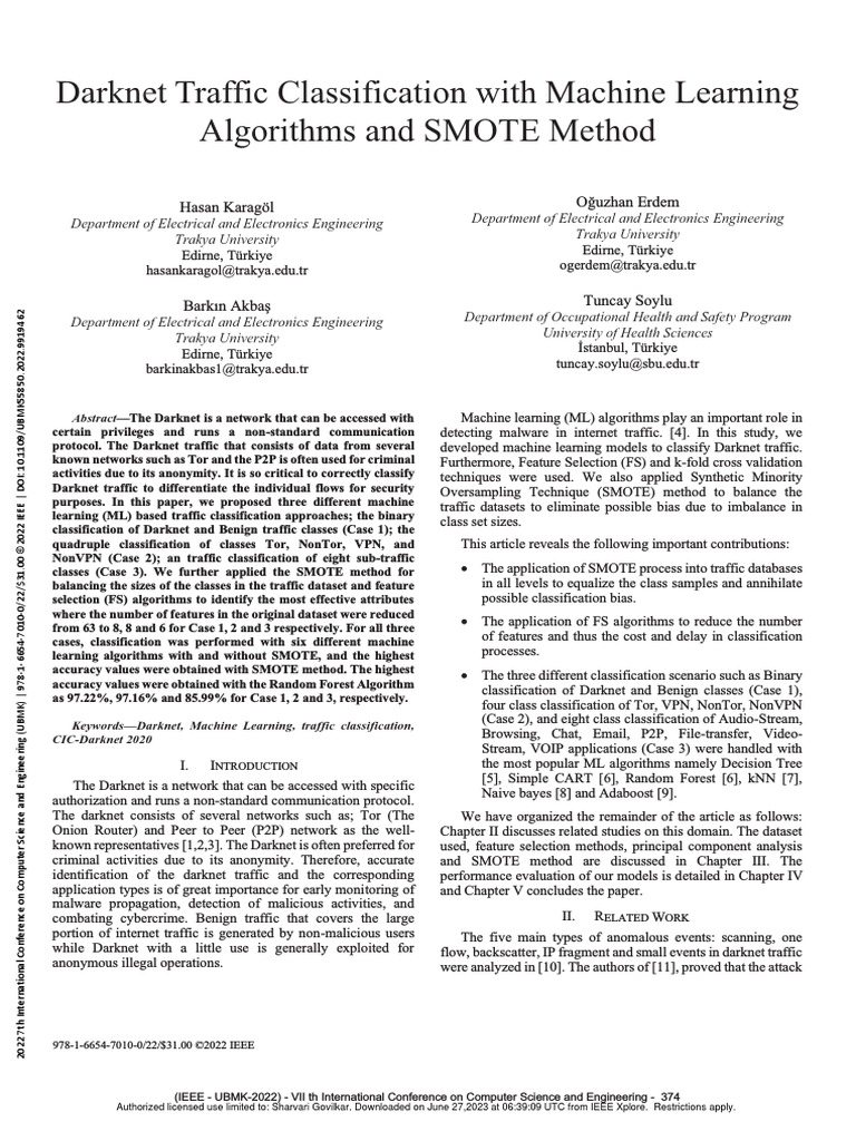 Darknet Traffic Classification With Machine Learning Algorithms and SMOTE Method | PDF ...