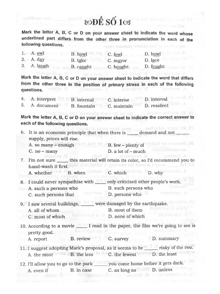 Mark The Letter A, B, C or D On Your Answer Sheet To Indicate The Word Whose | PDF