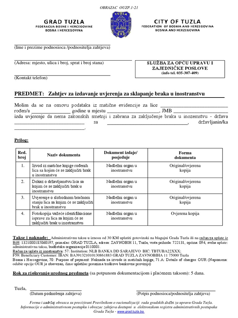 OUZP.1 21 - Zahtjev Za Izdavanje Uvjerenja Za Sklapanje Braka U ...