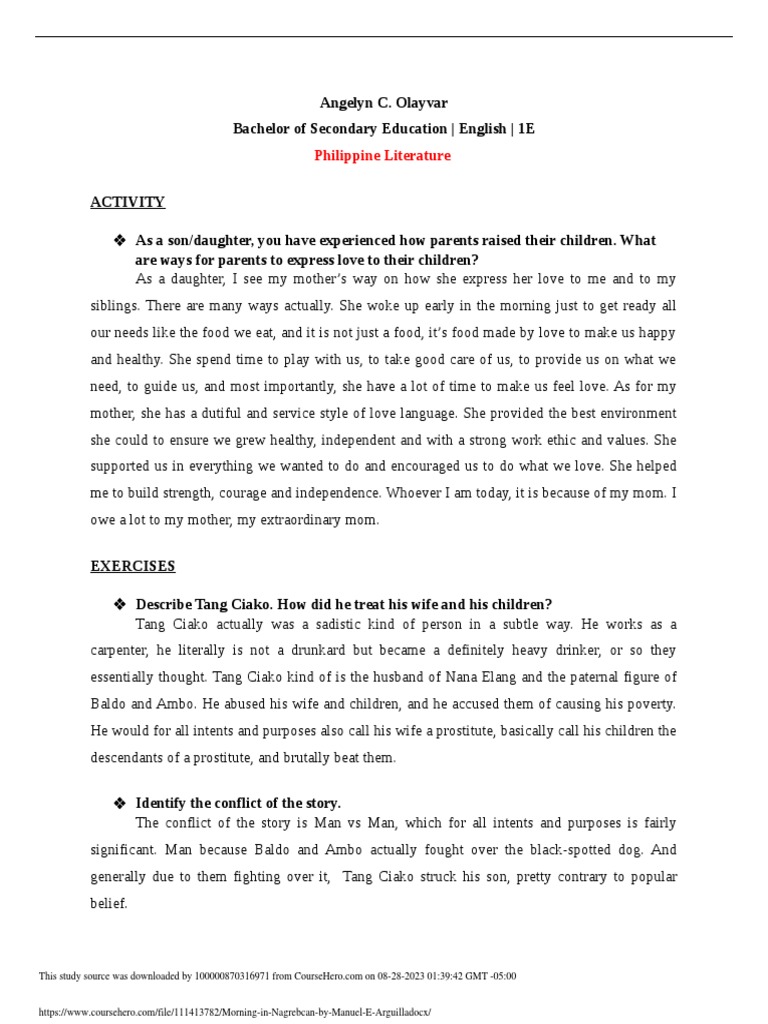 Morning in Nagrebcan by Manuel E. Arguilla - Docx-1 | PDF | Child Abuse ...