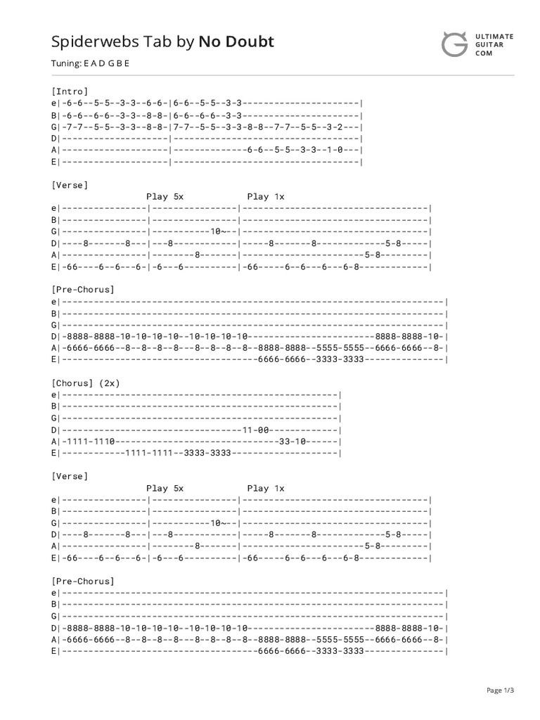Spiderwebs Tab (Ver 3) by No Doubttabs at Ultimate Guitar Archive | PDF ...