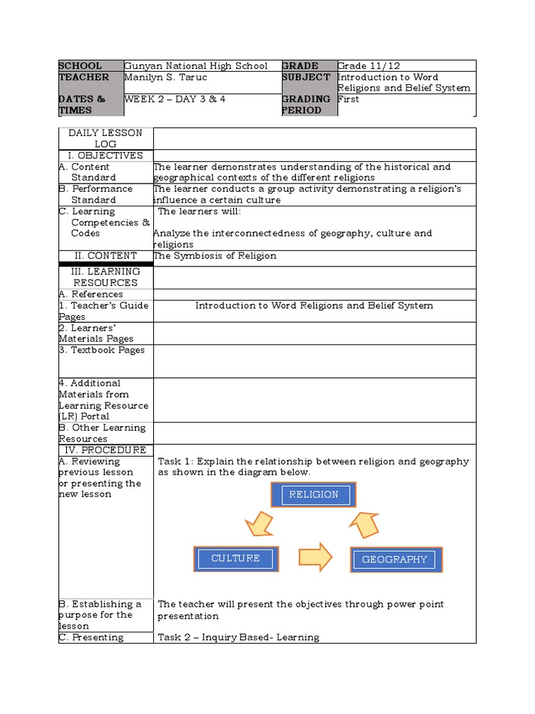 Intro To World Religion Q1 W2 D3 4 | PDF | Learning | Teachers