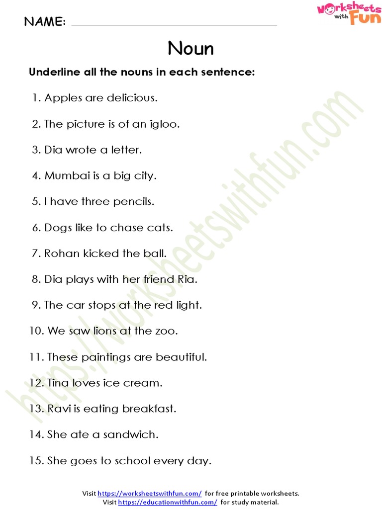 Noun Underlining Worksheet for Kids | PDF