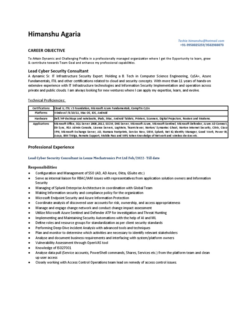 HA CV - Lead Cyber Security Consultant - Himanshu Agaria Splunk | PDF | Computer Security | Security
