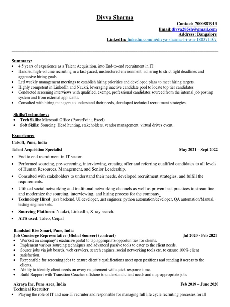 Divya New Resume Bangalore | PDF | Recruitment | Consultant