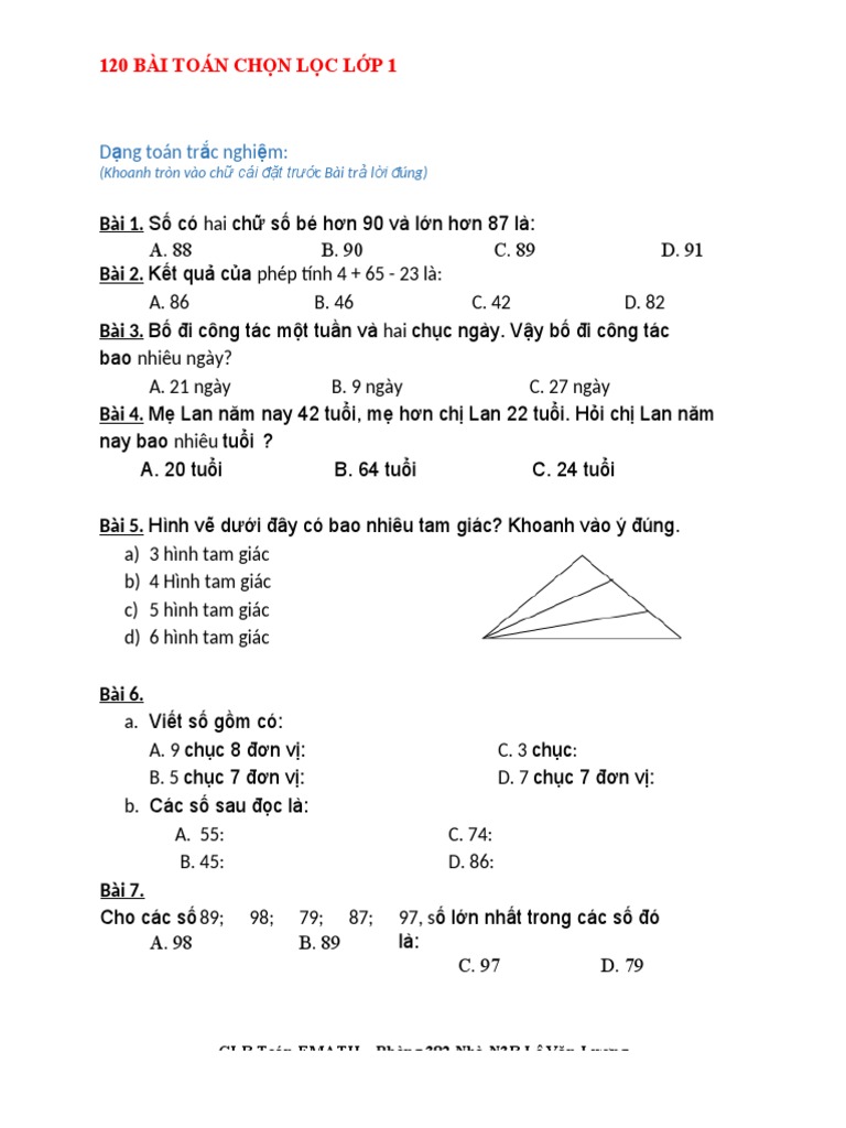 120 Bai Tap Toan Chon Loc Lop 1 Trac Nghiem Tu Luan | PDF