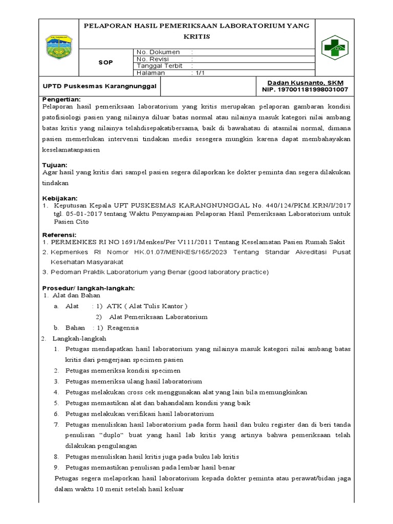 Sop Pelaporan Hasil Lab Kritis | PDF