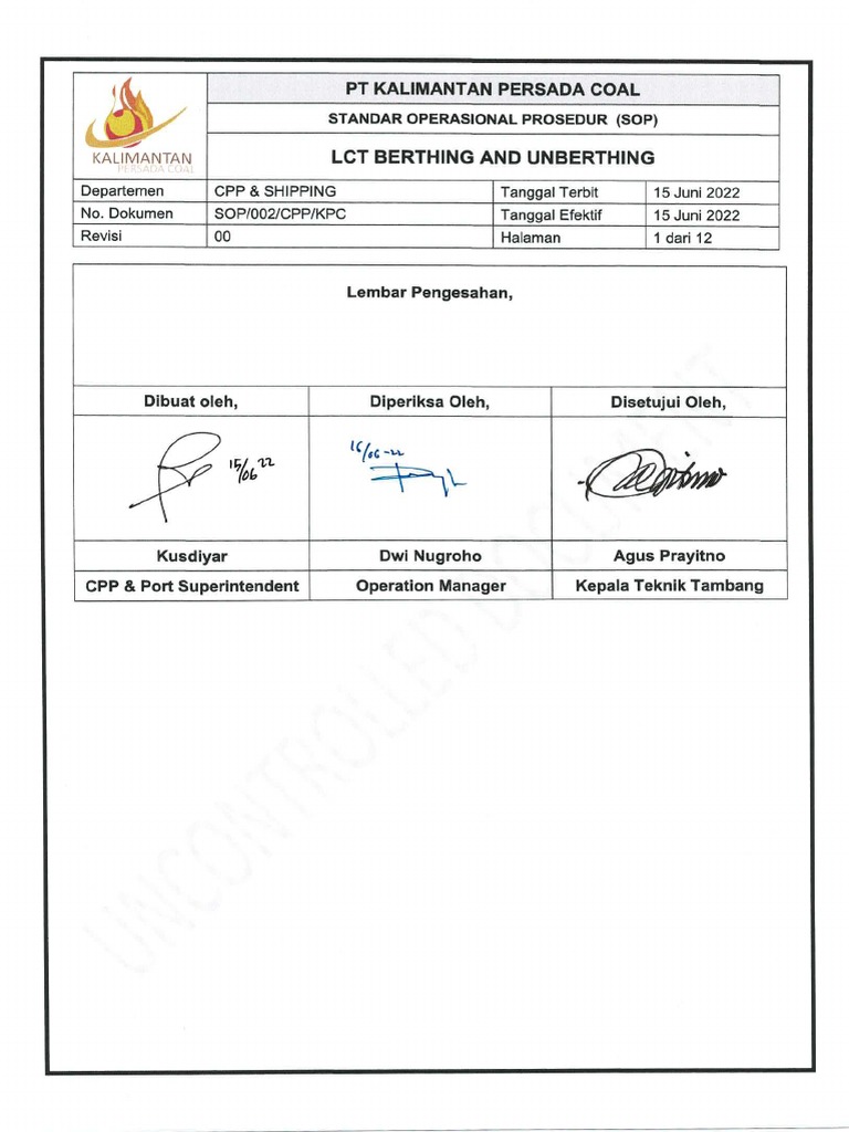 SOP.002.CPP.KPC_LCT Berthing Dan Unberthing | PDF