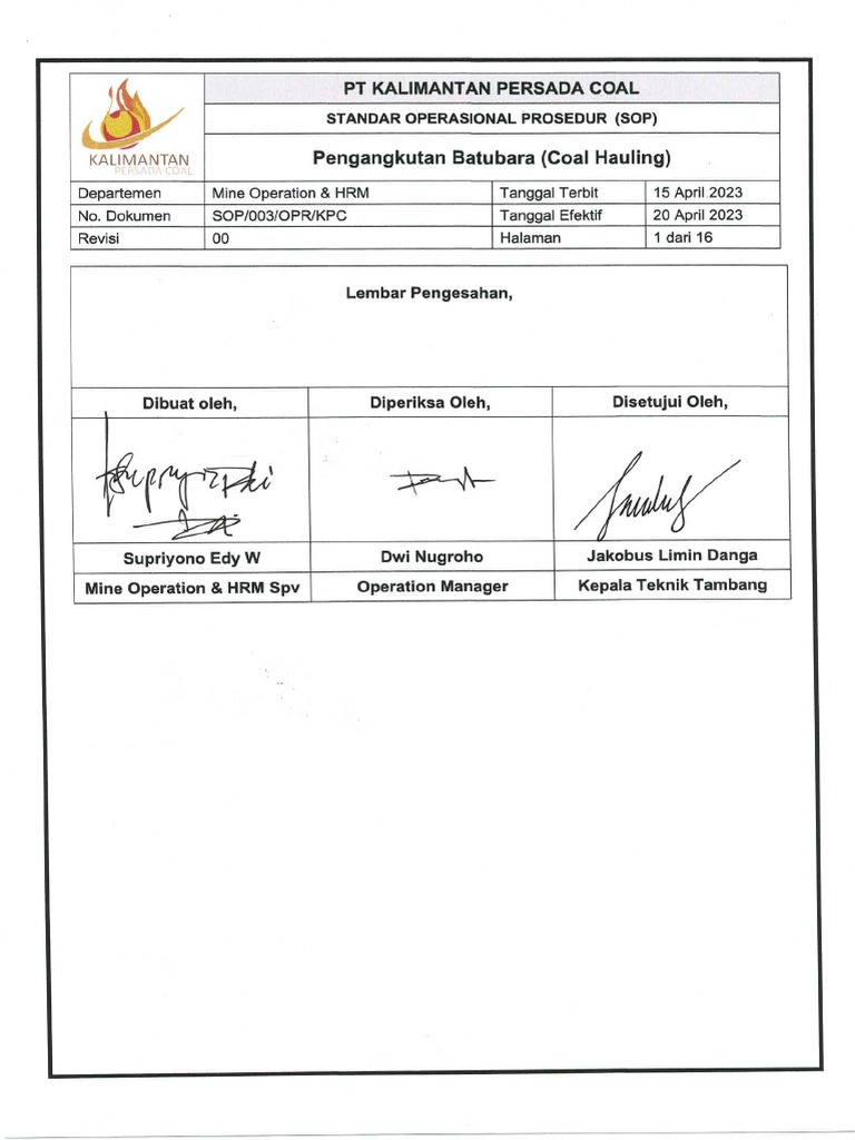 SOP.003.OPR - KPC SOP - Pengangkutan Batubara | PDF