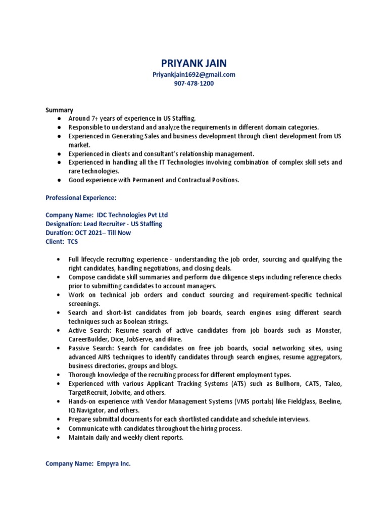 Priyank Jain - Idc Resume | PDF | Recruitment | Consultant