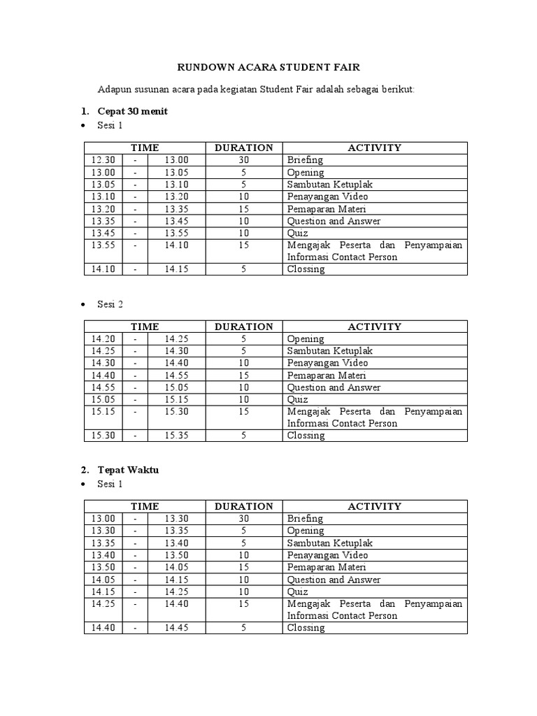 Rundown Acara Student Fair | PDF