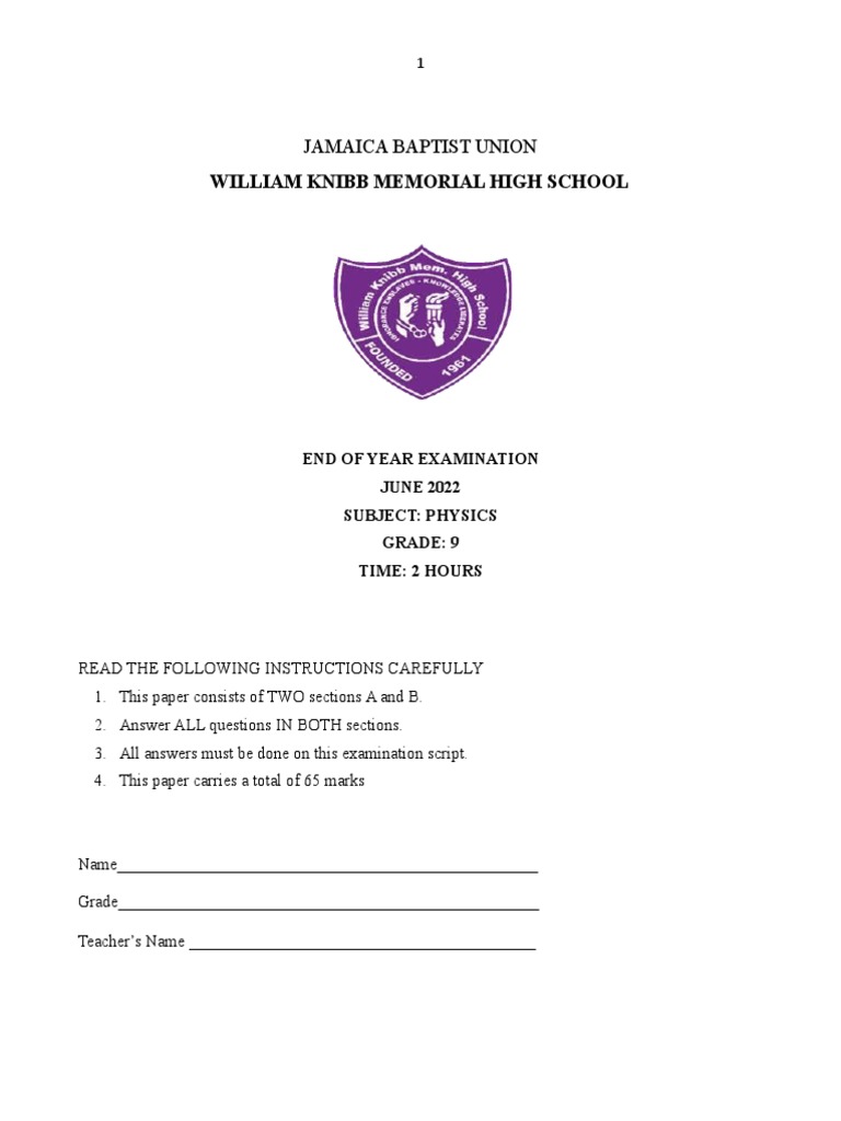 G9 Physics End of Year Exam 2022 | PDF | Force | Weight