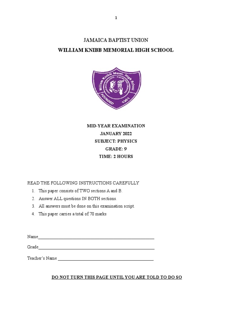 2022 Physics Mid-Year EXAM G9 | PDF | Weight | Density