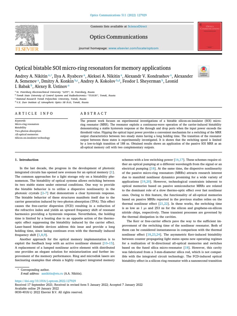 Optical Bistable SOI Micro-Ring Resonators For Memory Applications ...