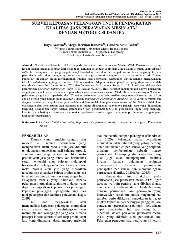 Survei Kepuasan Pelanggan Untuk Peningkatan Kualitasjasa Perawatan Mesinatm Dengan Metode Csi ...