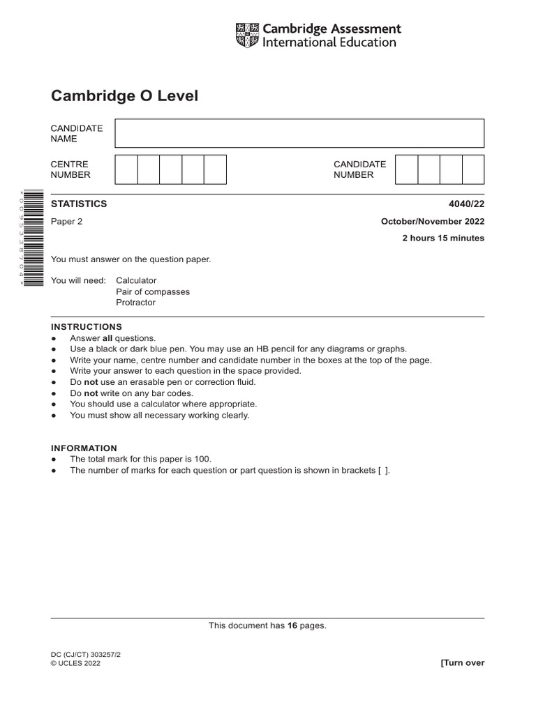 Cambridge O Level: STATISTICS 4040/22 | Download Free PDF | Sampling (Statistics) | Quartile