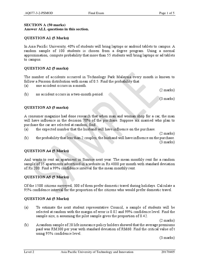 Module Code and Title: Aq077-3-2-Psmod - Probability and Statistical ...
