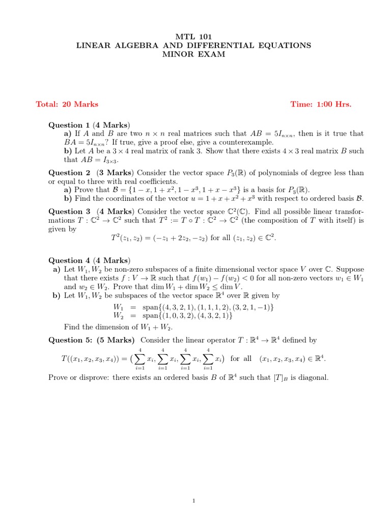 MTL101 Minor | PDF | Vector Space | Matrix (Mathematics)