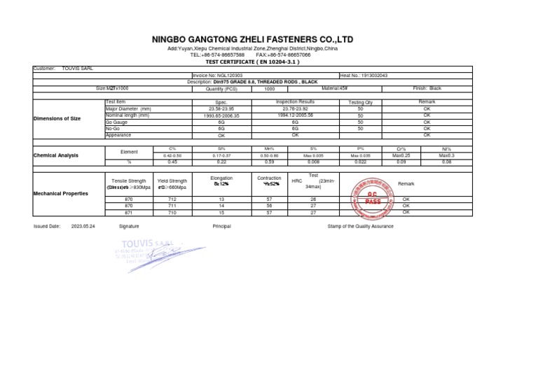 Fasteners Test Certificate | PDF | Solid Mechanics | Civil Engineering