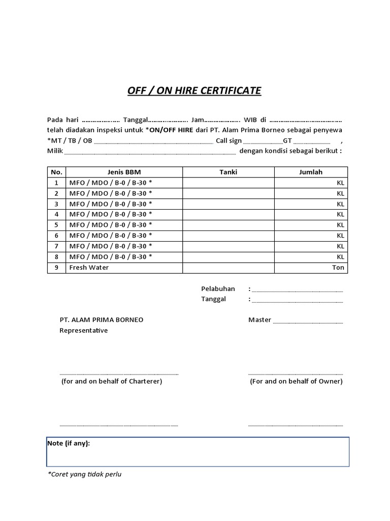 On Off Hire Certificate | PDF
