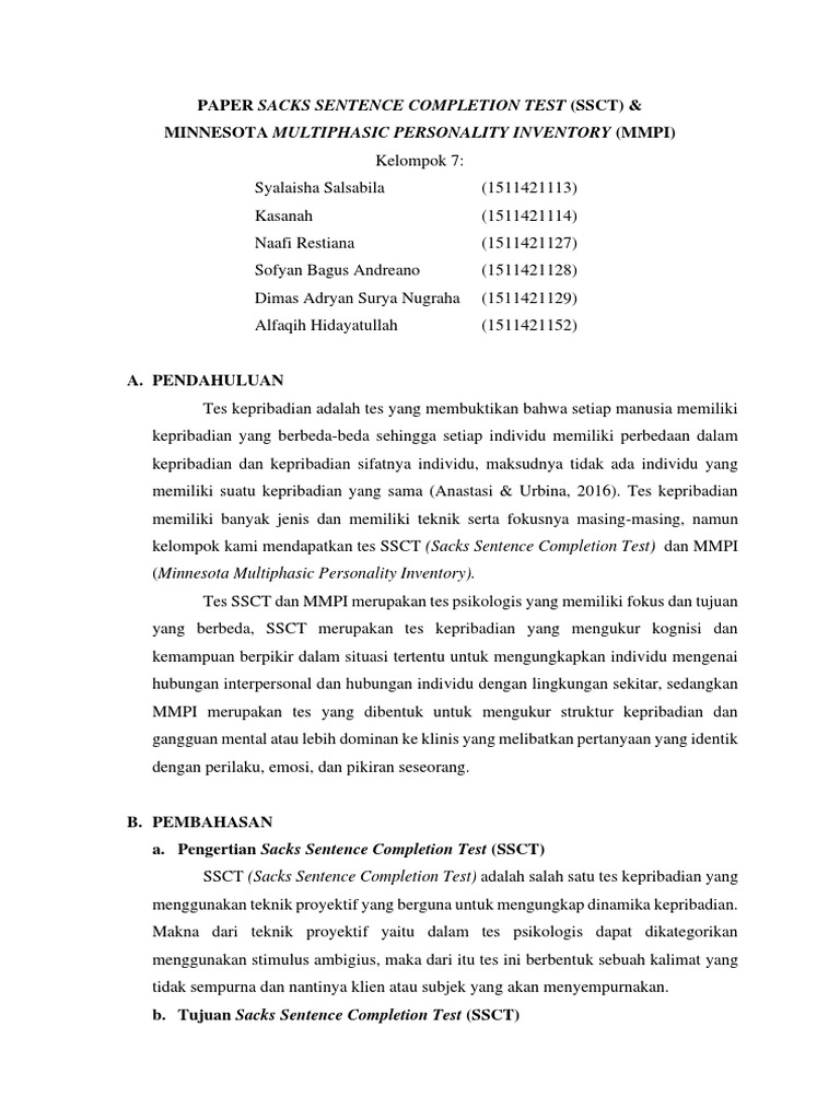 Kelompok 7 - Paper SSCT Dan MMPI | PDF