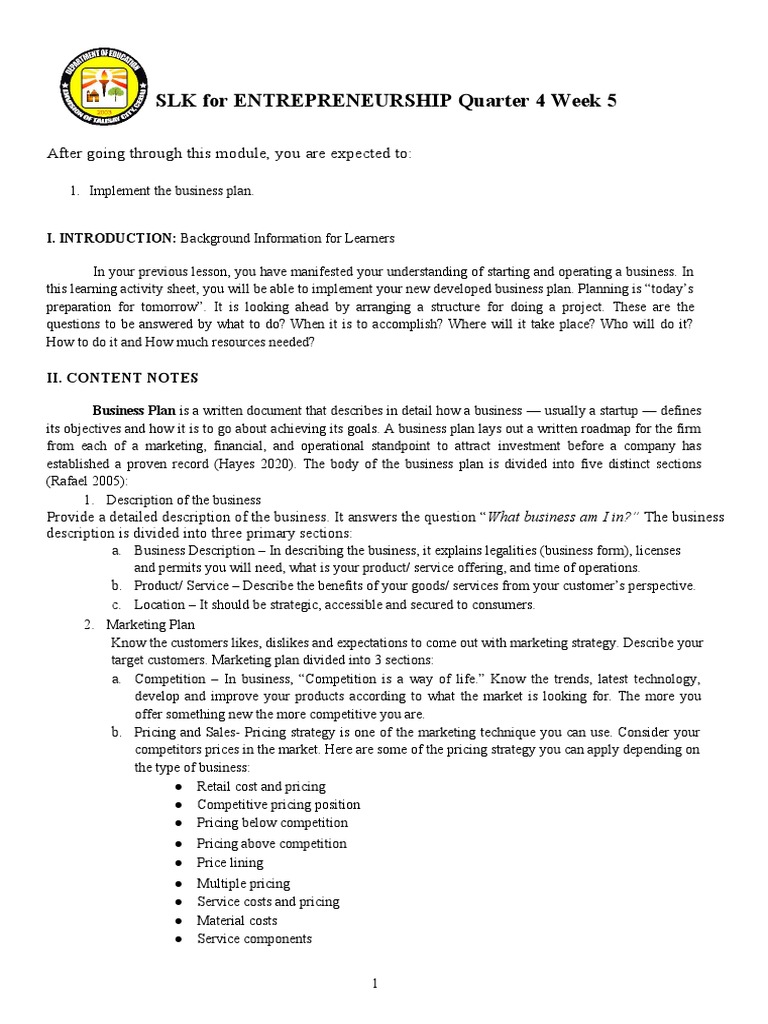 Entrepreneurship Q4 Week-5 | PDF | Business | Business Plan