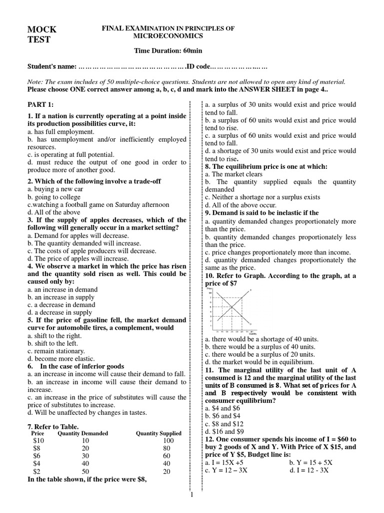 Mock Test Final Examination Principles Of Microeconomics Pdf