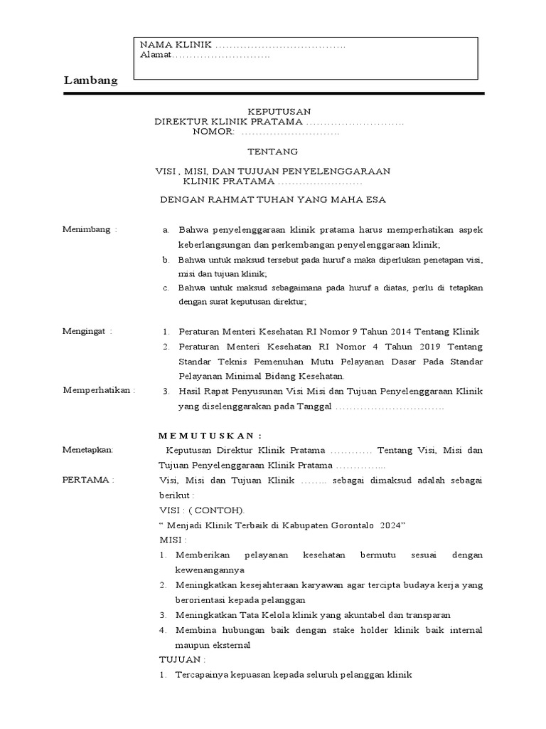 TKK 1.1 Ep 1. SK Visi Misi Dan Tujuan Klinik | PDF