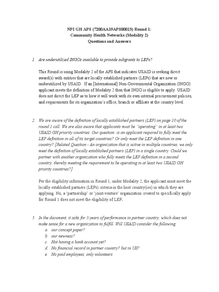 NPI GH Round 1 Questions Answers Final PDF United States Agency