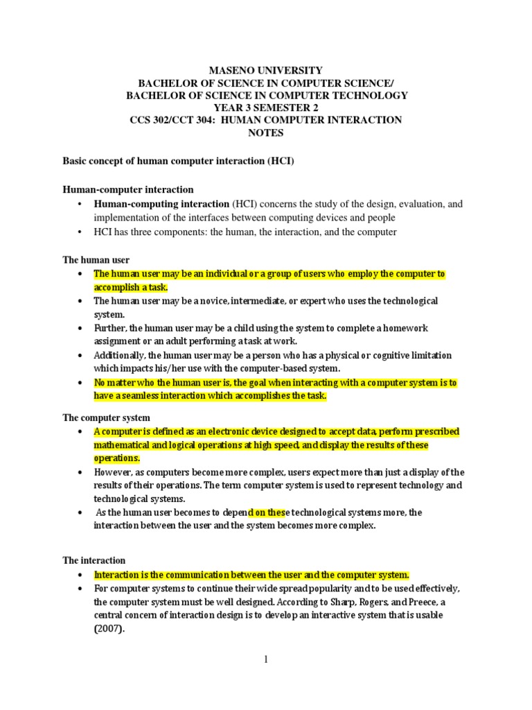 Ccs 302 Human Computer Interaction Notes Download Free Pdf Human Computer Interaction