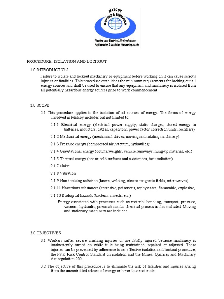 Procedure - ISOLATION AND LOCKOUT | PDF