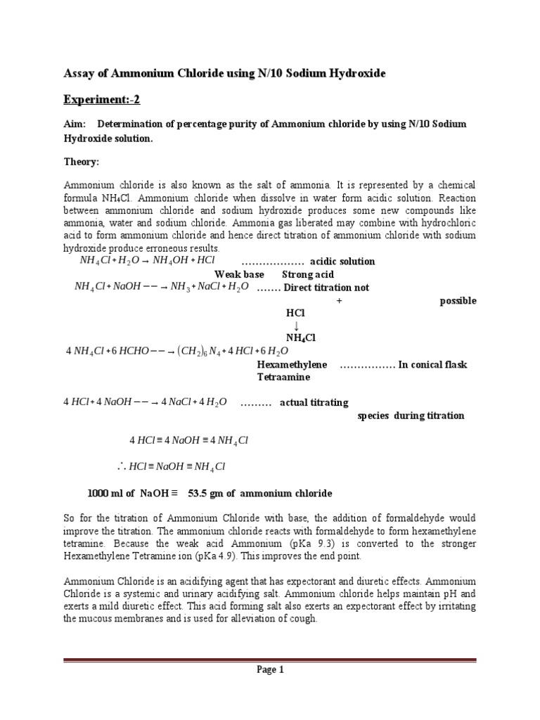 Assay of Ammonium Chloride Using N | PDF | Ammonium | Acid