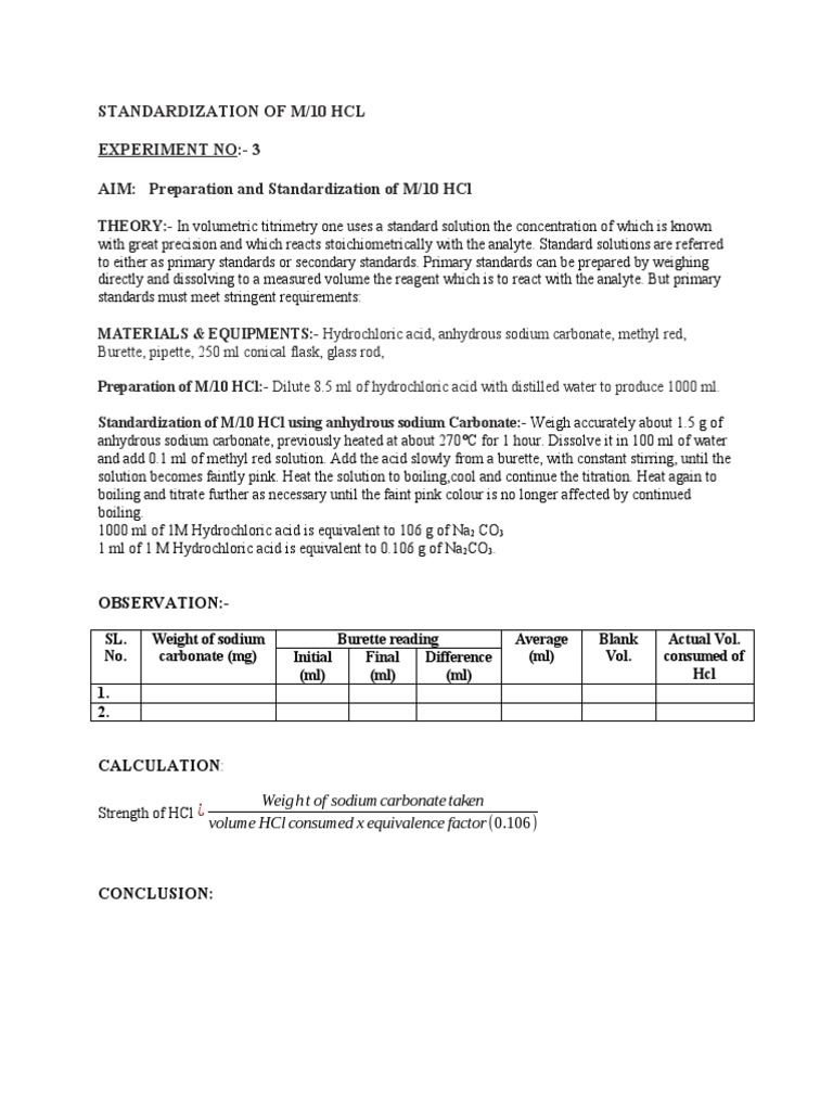 Preparation and Standardization of HCL | PDF