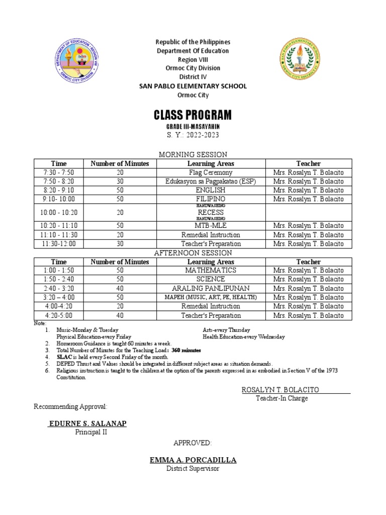 Class Program 2022 2023 | PDF | Teachers Class Program 2022 2023 | PDF | Teachers