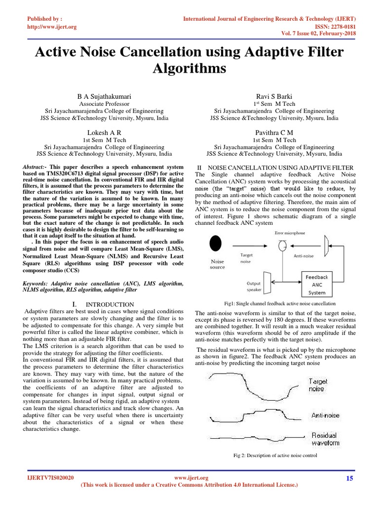 Active Noise Cancellation Using Adaptive Filter Algorithms Ijertv7is020020 Pdf Applied 