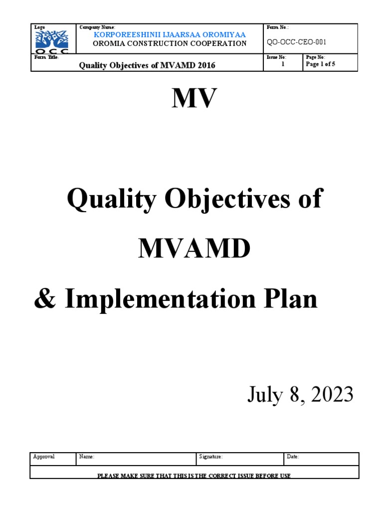 Final Quality Objectives MVAMD 2016 | PDF | Iso 9000 | Quality Management