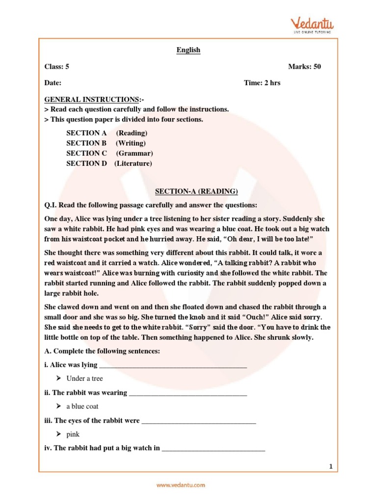 CBSE Sample Paper For Class 5 English With Solutions - Mock Paper-1 ...